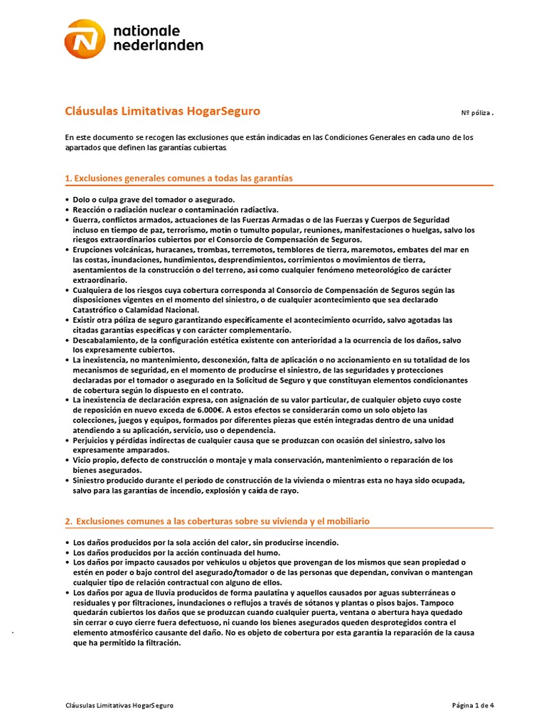 Condiciones Limitativas HogarSeguro ING | PDF | Póliza de seguros | Seguro