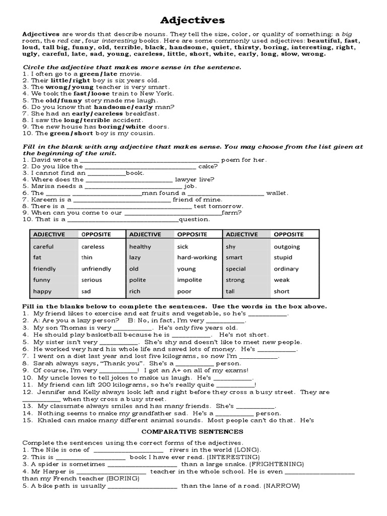 Adjectives: Circle The Adjective That Makes More Sense in The Sentence ...