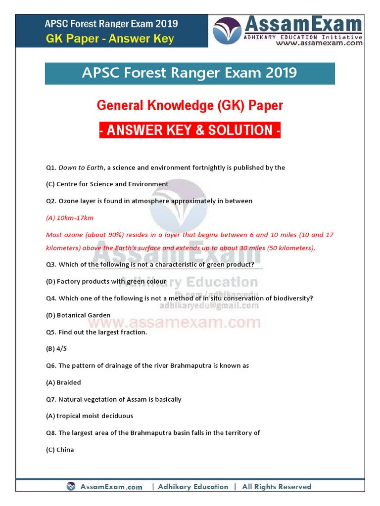 APSC Forest Ranger Exam 2019 GK Key | PDF | Social Science | Travel