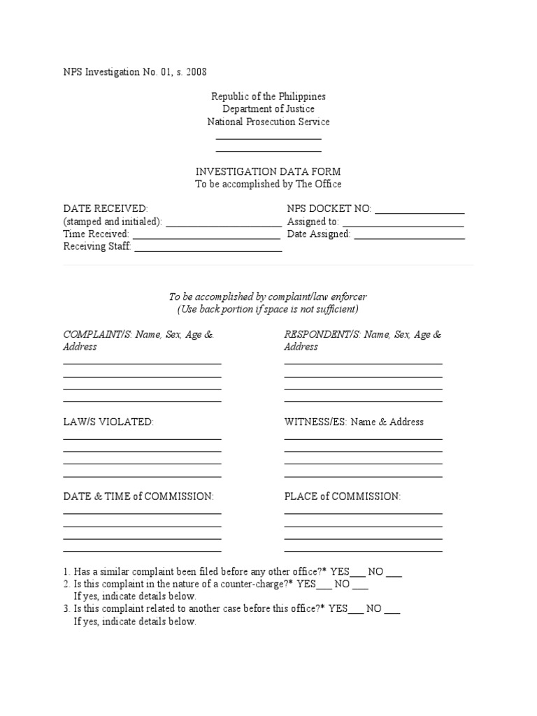(Doj) Inv Form No. 1 | PDF | Complaint | Prosecutor