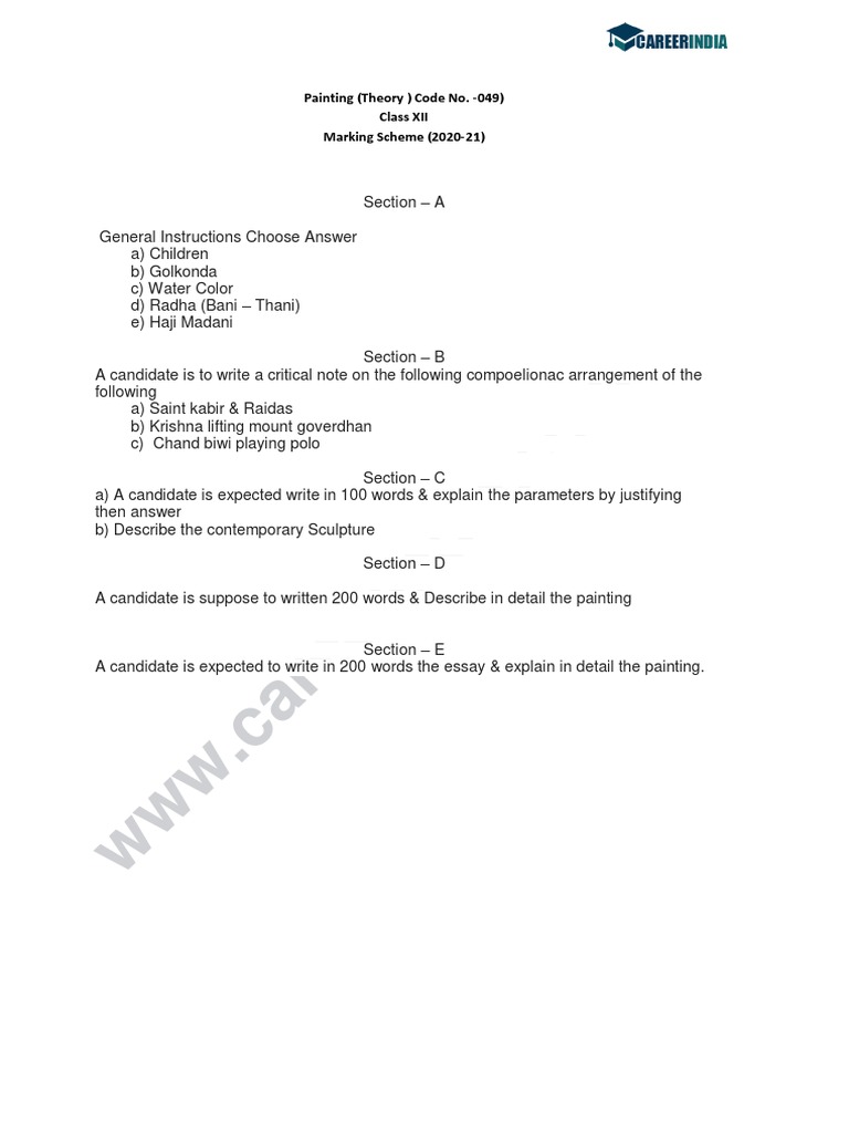 CBSE Class 12 Painting Marking Scheme Question Paper 2020-21 | PDF