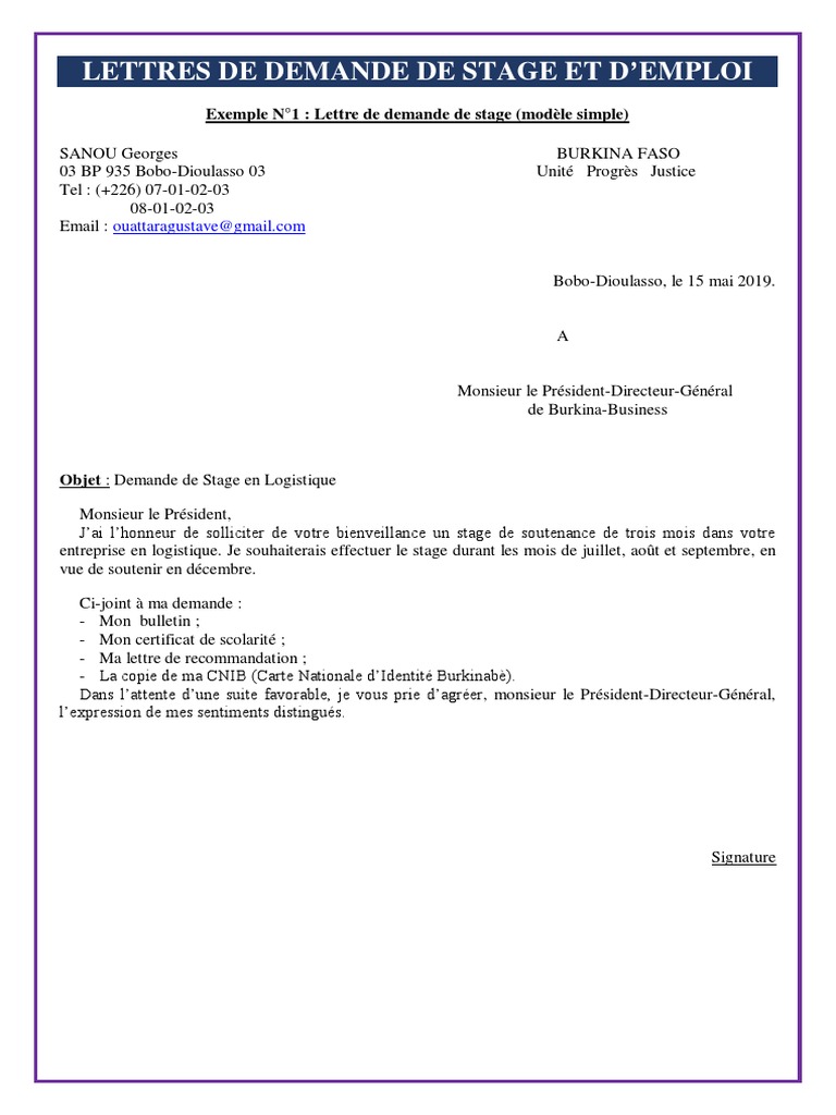 Modèles de lettres de demande d'emploi et stage | PDF | Burkina Faso ...