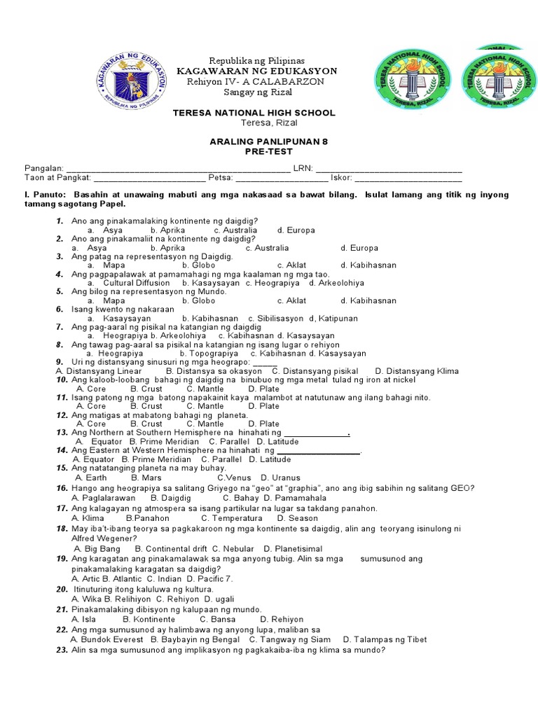Pre Test Ap8 Q1 | PDF