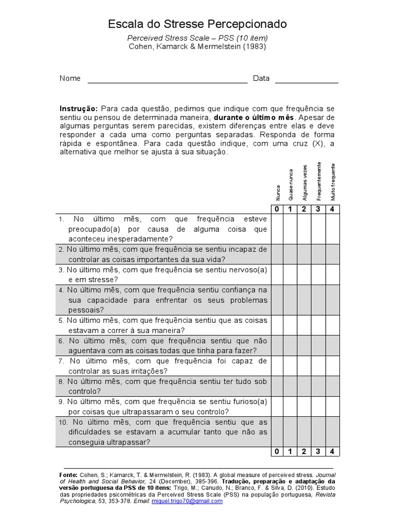 PSS10 Portuguese Scale Only | PDF | Estresse (Biologia)