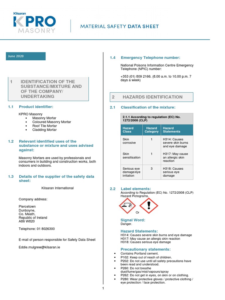 Kilsaran KPRO Masonry - SDS-Rev01 | PDF | Dangerous Goods | Chemistry