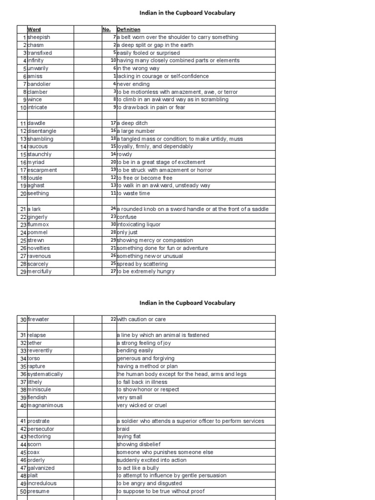 Indian in The Cupboard Vocab Matching KEY | PDF