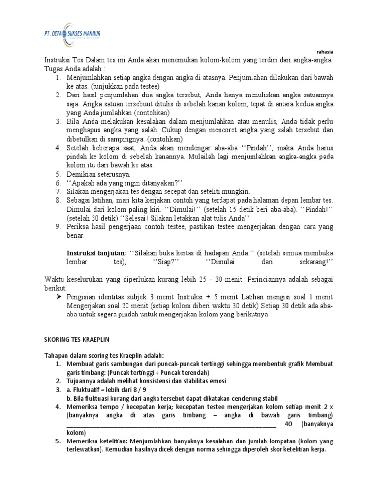 Intruksi Test Kreplin | PDF | Metode & Bahan Ajar
