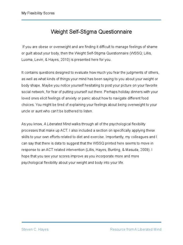 Weight Self-Stigma Questionnaire: Steven C. Hayes | PDF | Obesity | Shame