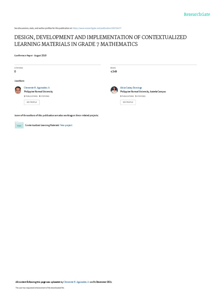 Design, Development and Implementation of Contextualized Learning Materials in Grade 7 ...