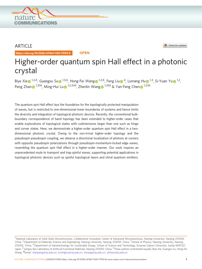 Higher-Order Quantum Spin Hall Effect in A Photonic Crystal | PDF | Polarization (Waves) | Photon