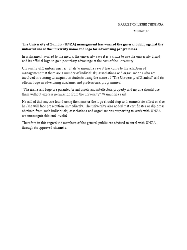 UNZA warns against unlawful use of name, logo | PDF