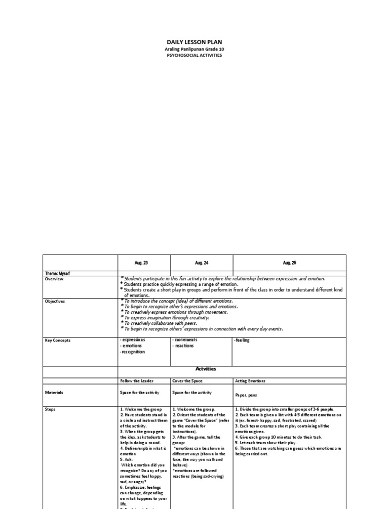 Daily Lesson Plan: Araling Panlipunan Grade 10 Psychosocial Activities ...