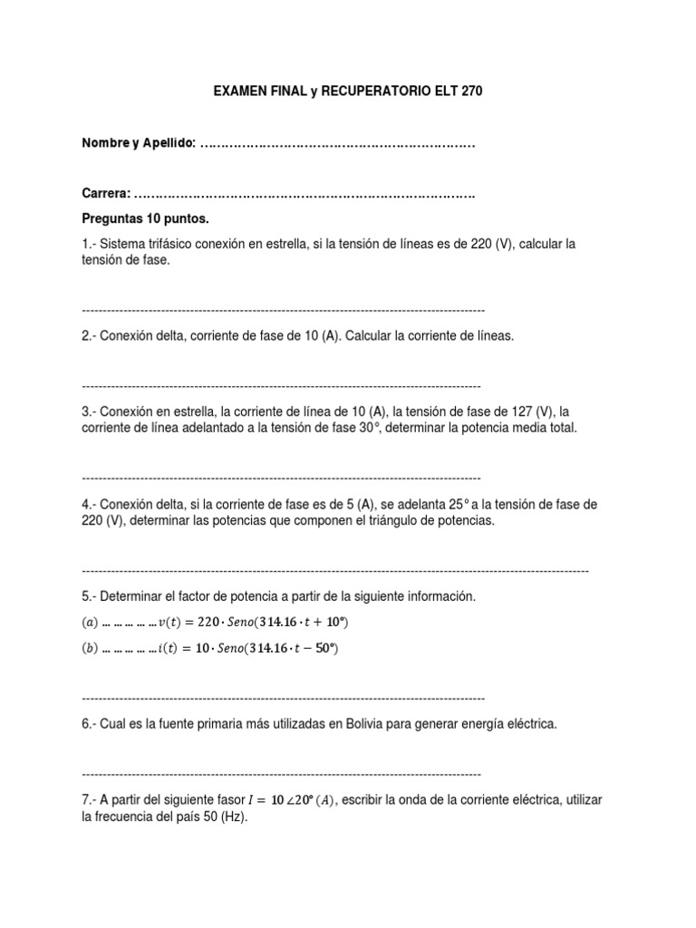 Examen Final ELT 270 - II - 2021-1 | PDF | Corriente eléctrica | Energia electrica