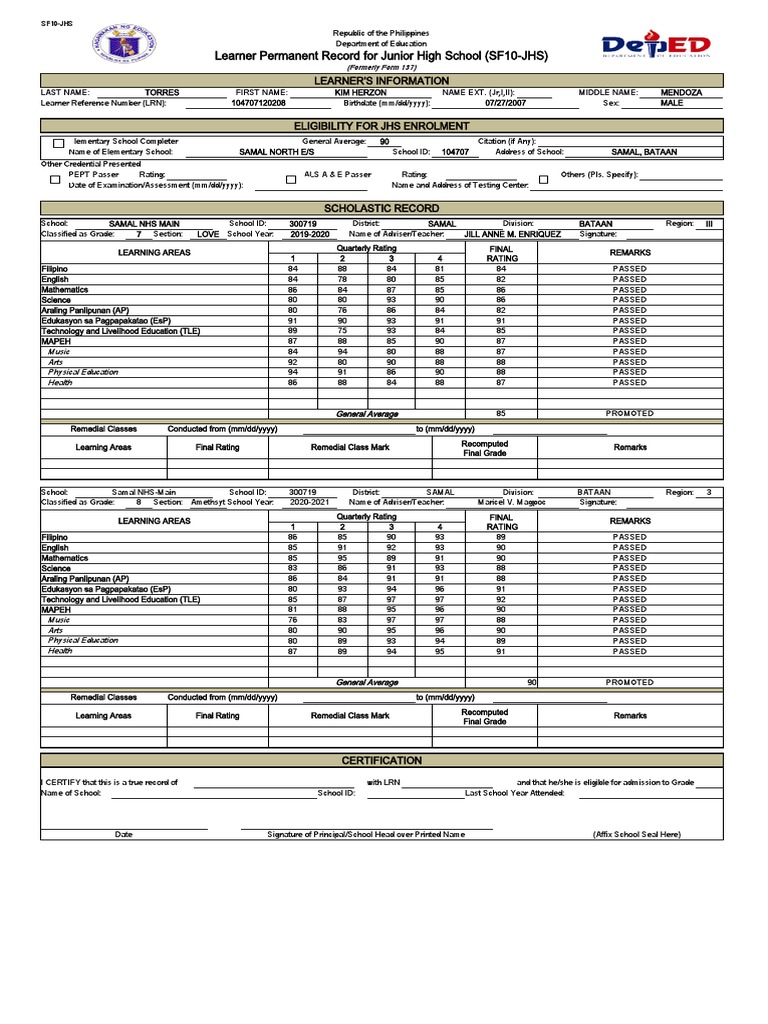 Learner Permanent Record For Junior High School (SF10-JHS) | PDF