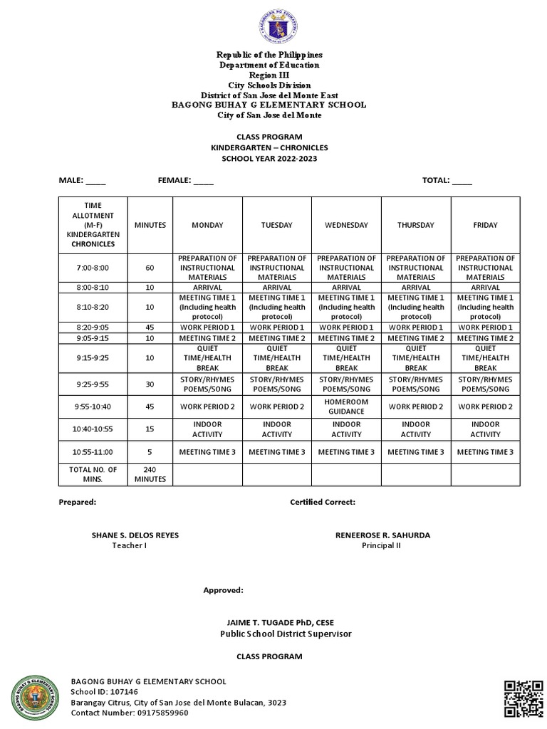 Kindergarten Class Schedule 2022-2023 | PDF | Social Institutions ...
