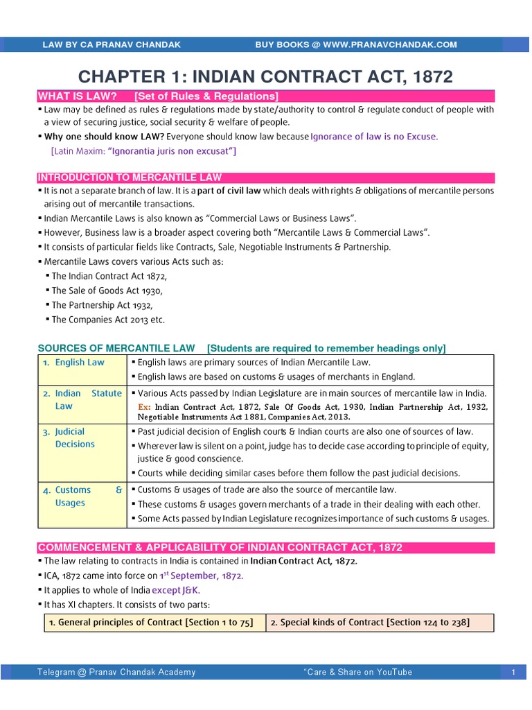 Chapter 1: Indian Contract Act, 1872: What Is Law? (Set of Rules & Regulations) | PDF ...