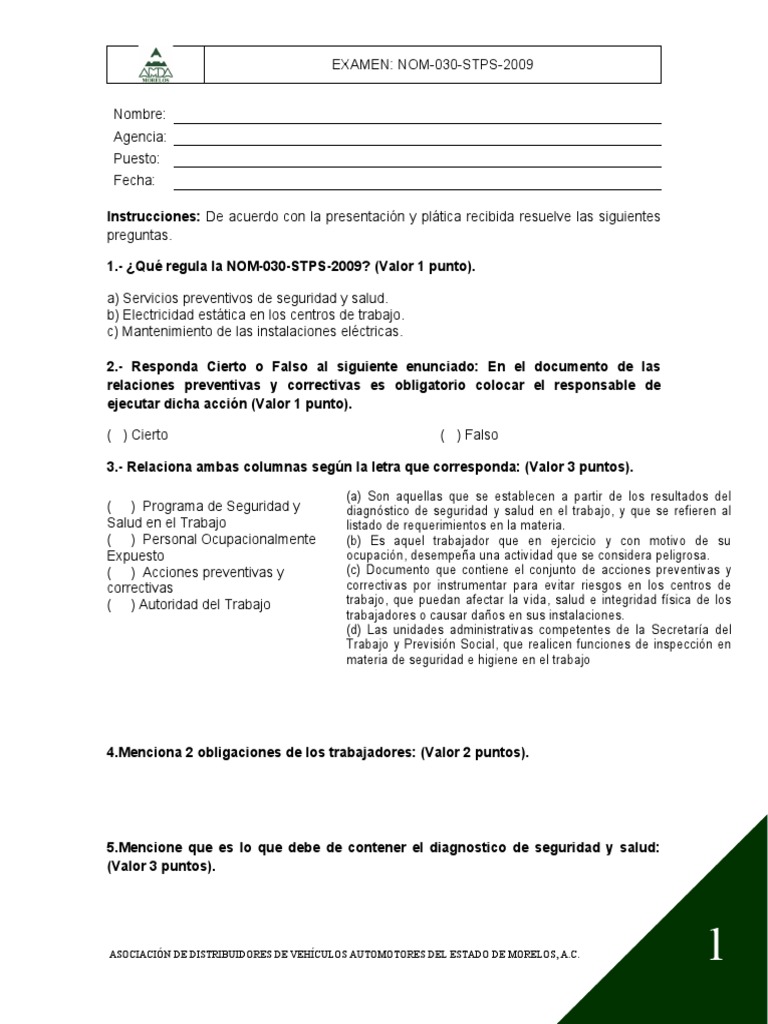 Examen Nom 030 Stps 2009 | PDF