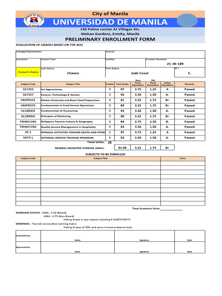 Pre Enrollment Form Template | PDF