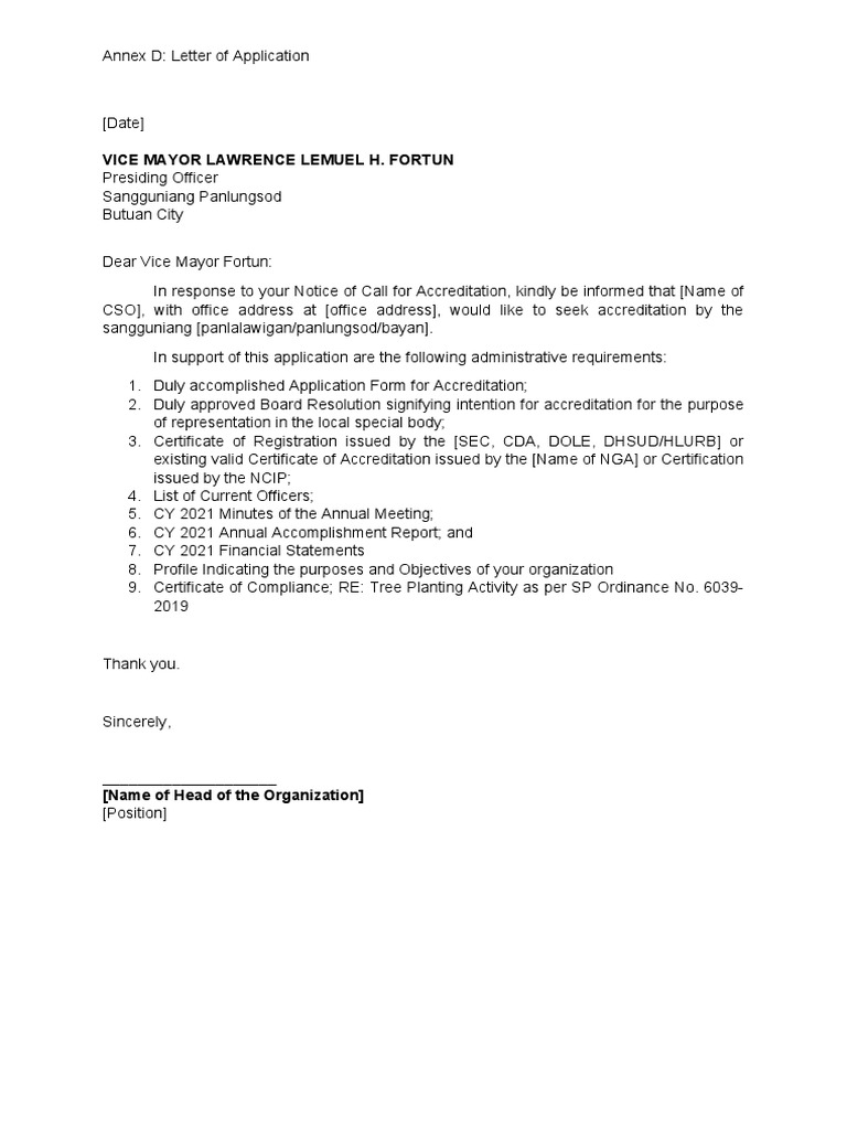 Annex D Letter of Application | PDF
