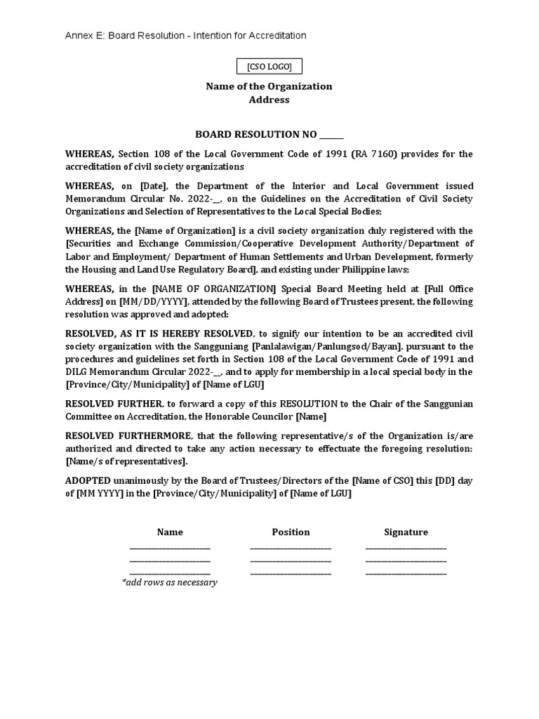 Annex E CSO Board Resolution | PDF | Justice | Crime & Violence