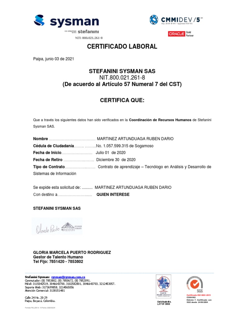 Certificacion Laboral | PDF