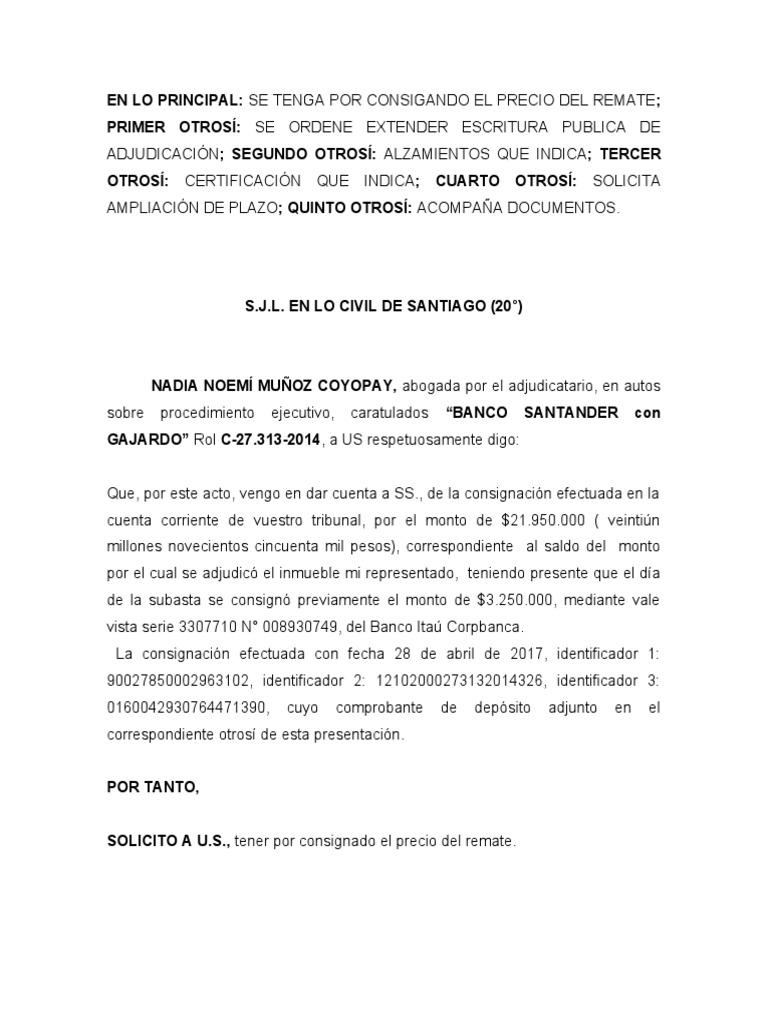 Da Cuenta de Consignacion Remate. Completo y Final. | PDF