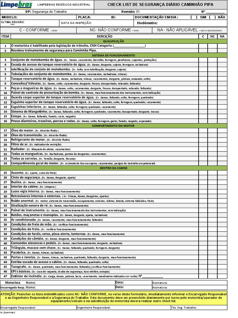 Checklist diário de segurança para caminhão pipa de transporte de ...
