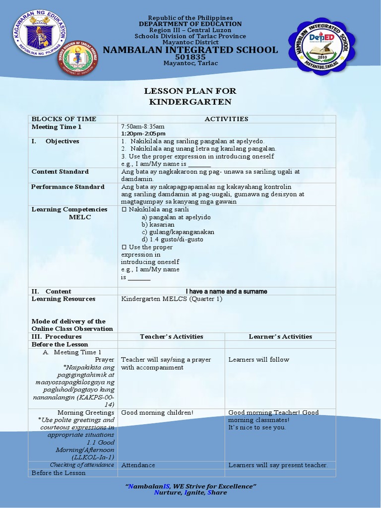 Nambalan Integrated School: Lesson Plan For Kindergarten | PDF | Pedagogy | Learning