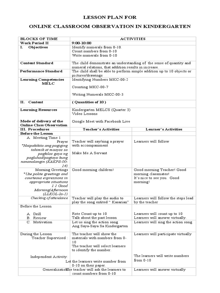 Lesson Plan For Online Classroom Observation in Kindergarten | PDF ...