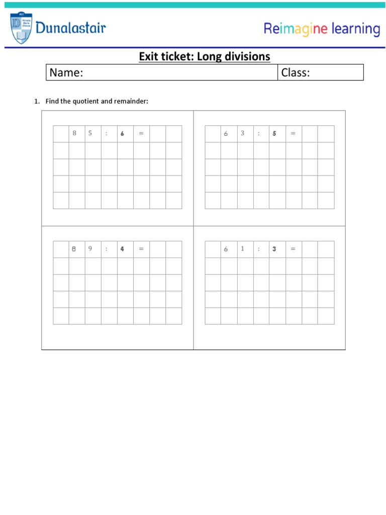 Name: Class:: Exit Ticket: Long Divisions | PDF