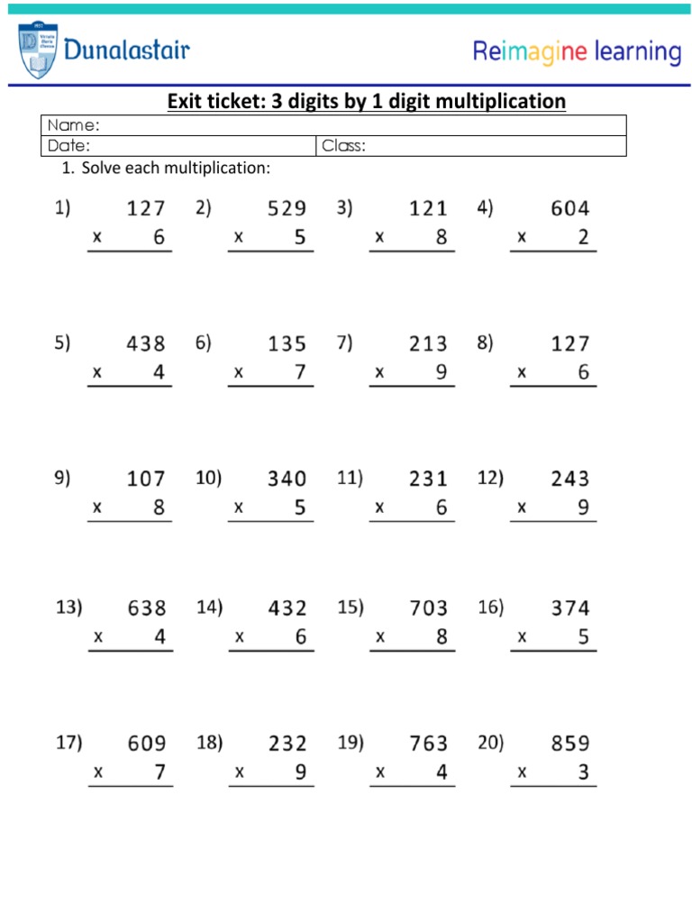 Exit Ticket: 3 Digits by 1 Digit Multiplication | PDF