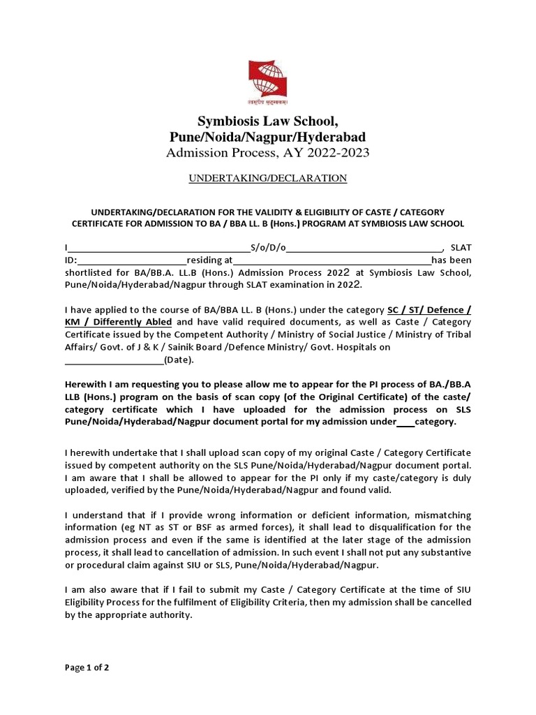Undertaking For Caste-Catagory Certificate BA BBA LLB 2022 | PDF ...