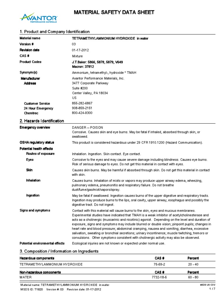 TMAH Tetramethylammoniun Hydroxide-SDS | PDF | Dangerous Goods | Water