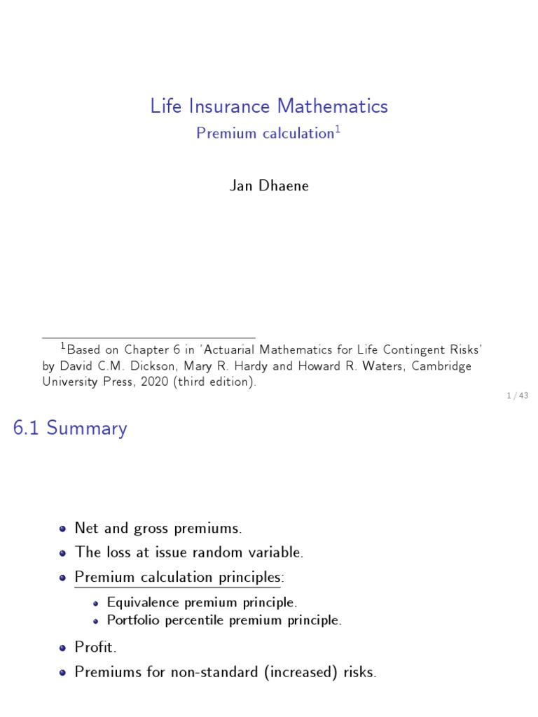 Life Insurance Mathematics: Premium Calculation | PDF | Life Insurance ...