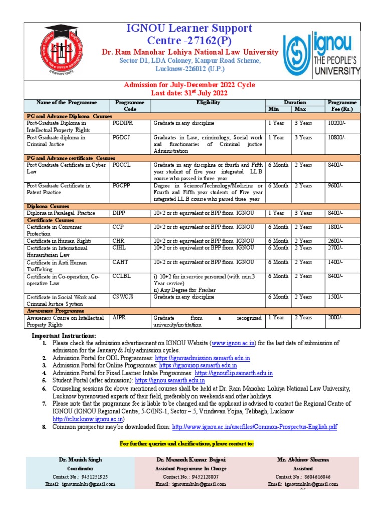 IGNOU Learner Support Centre - 27162 (P) : Dr. Ram Manohar Lohiya National Law University | PDF ...