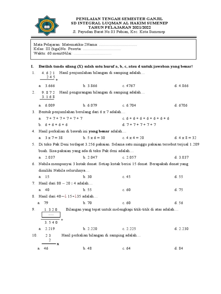 Soal PTS MTK Tema-2 KLS 3 SD | PDF