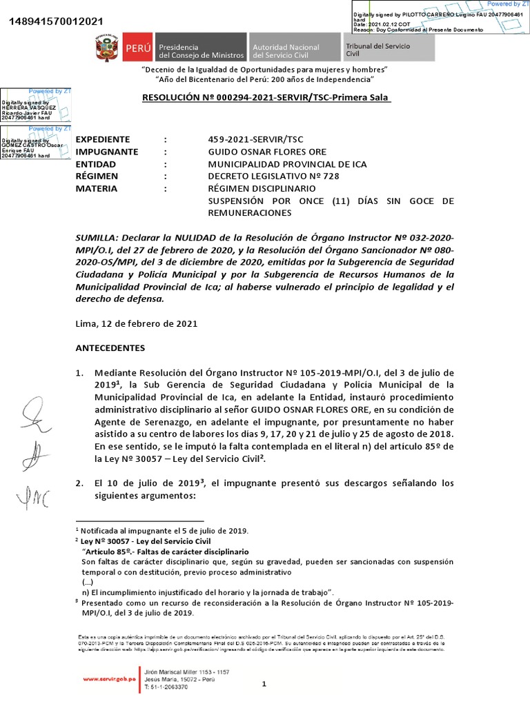 OSNAR Res - 00294-2021-SERVIR-TSC-Primera - Sala | PDF | Debido al ...