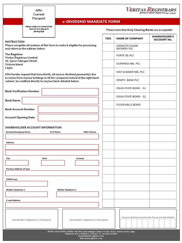 Veritas Registrars e Dividend Mandate Form | PDF