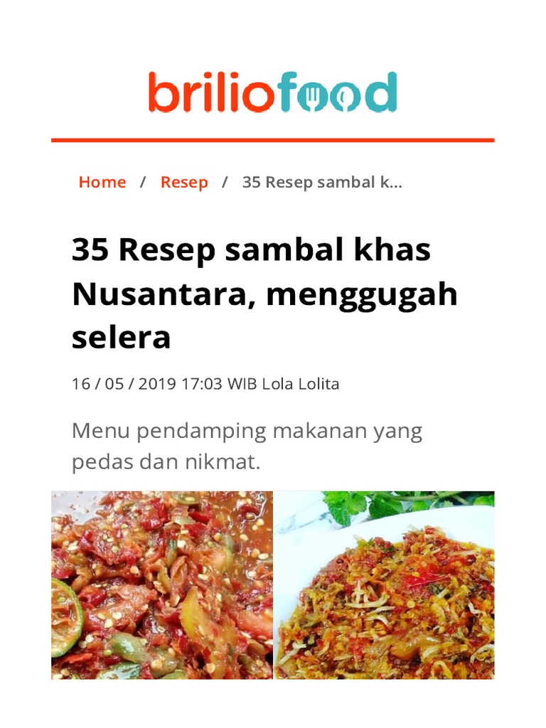 35 Resep Sambal Khas Nusantara, Menggugah Selera | PDF