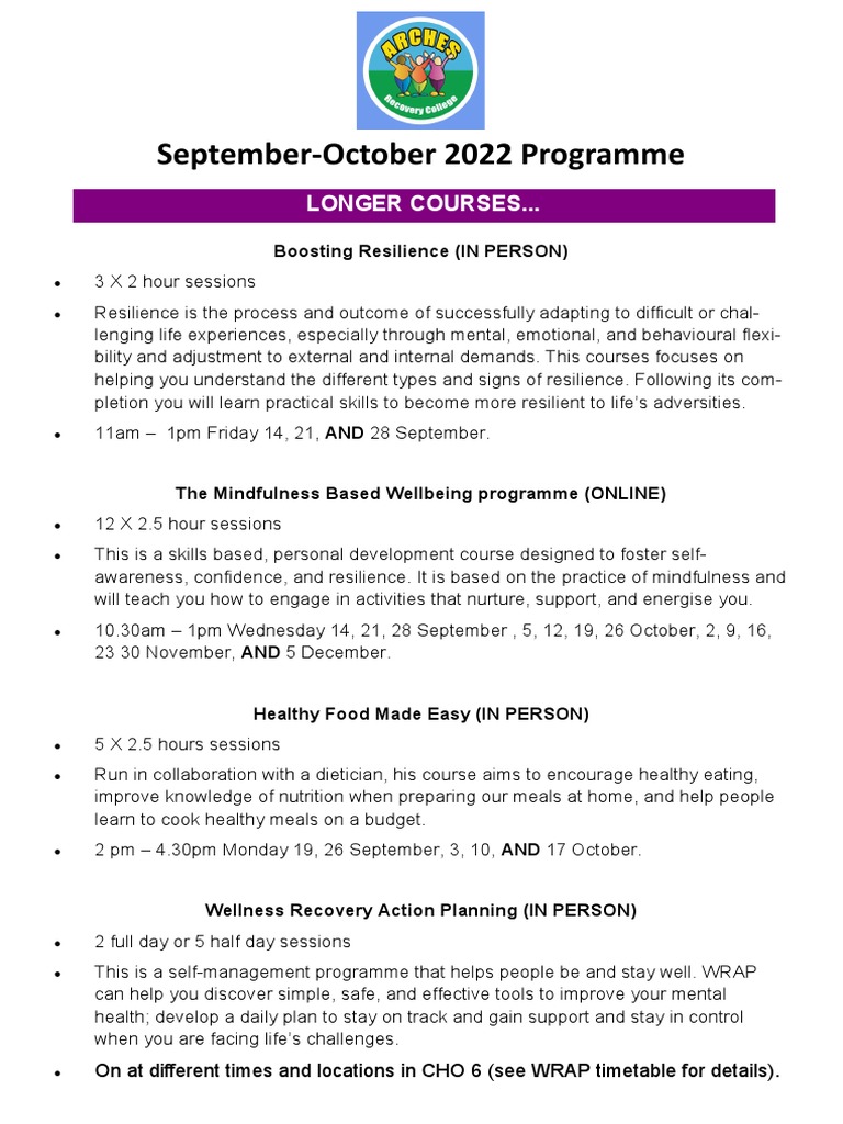ARCHES Recovery College Programme | PDF | Psychological Resilience ...