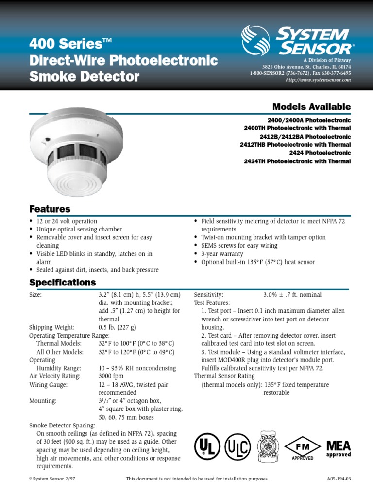 400 Series Direct-Wire Photoelectronic Smoke Detector: Models Available ...