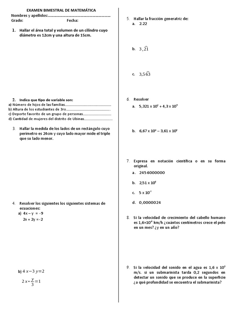 Examen Trimestral de Matemática Ii 5° | PDF