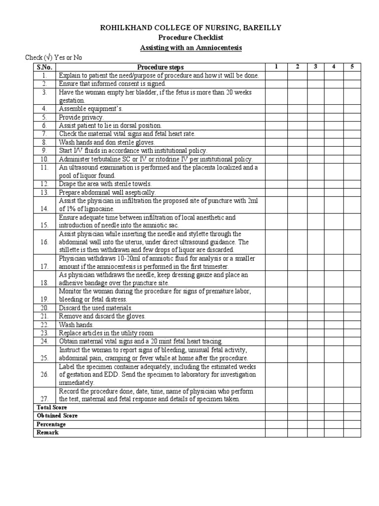 Amniocentesis Procedure Checklist | PDF | Medical Specialties ...