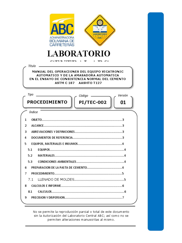 Manual de Operaciones del Equipo Vicatronic | PDF | Cemento