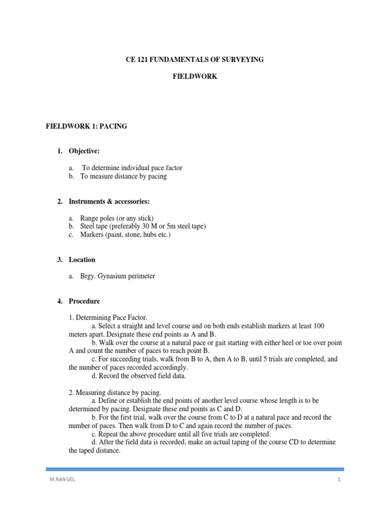 Ce 121 Fundamentals of Surveying Fieldwork: M.Rangel 1 | PDF