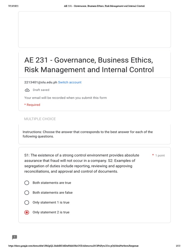 AE 231 Governance Business Ethics Risk Management and Internal Control ...