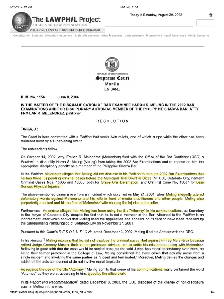 In The Matter of The Disqualification of Bar Examinee Haron S. Meling ...