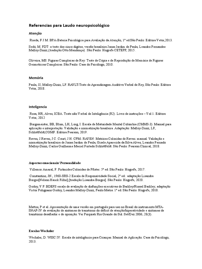 Referencias para Laudo Neuropsicológico | PDF | Neuropsicologia | Behaviorismo