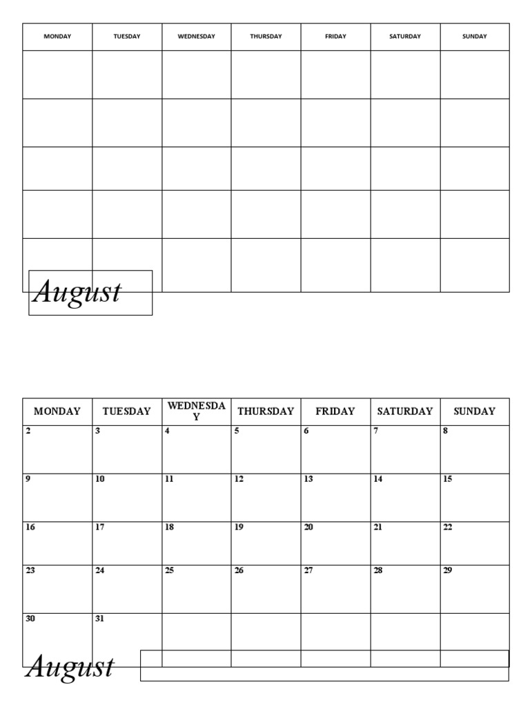 August: Monday Tuesday Wednesday Thursday Friday Saturday Sunday | PDF