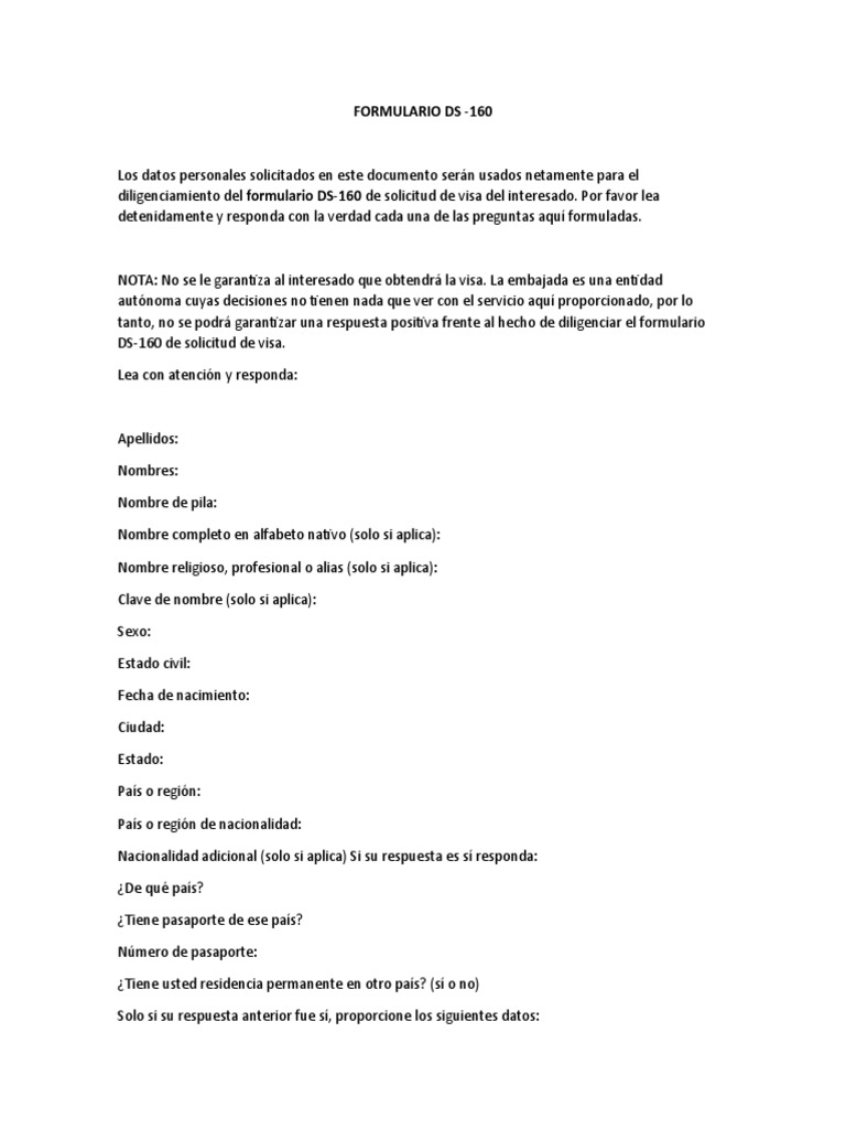Formulario DS-160 | PDF | Visa de viaje | Correo